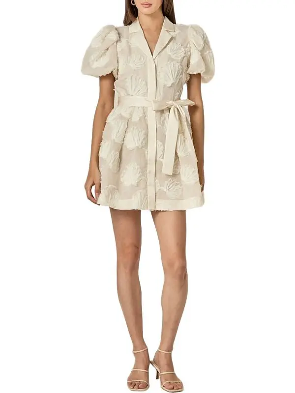 English Factory Shell Puff Sleeve Tie Waist Mini Dress - Off White