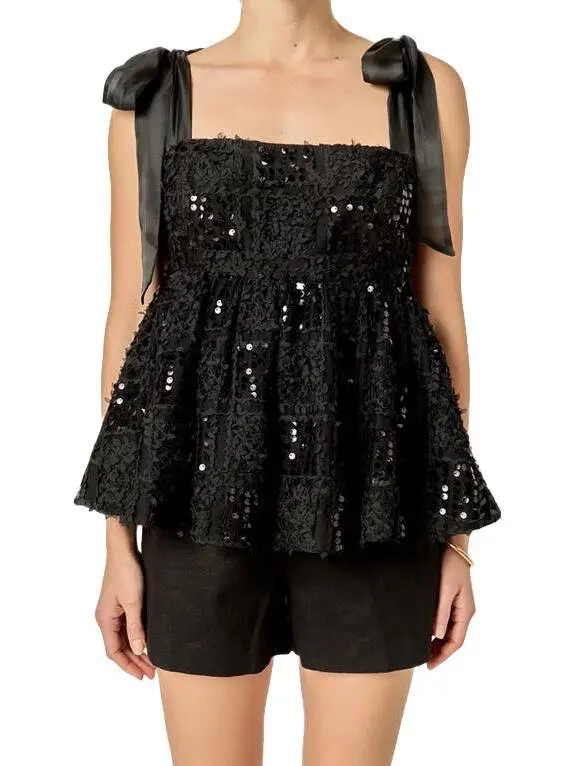 English Factory Sequined Bow Tank - Black