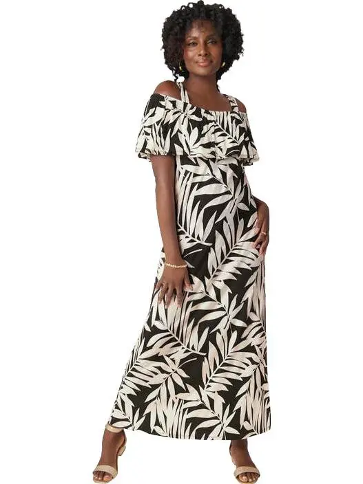 JESSICA LONDON Cold Shoulder A-line Maxi Dress - Black White Palm