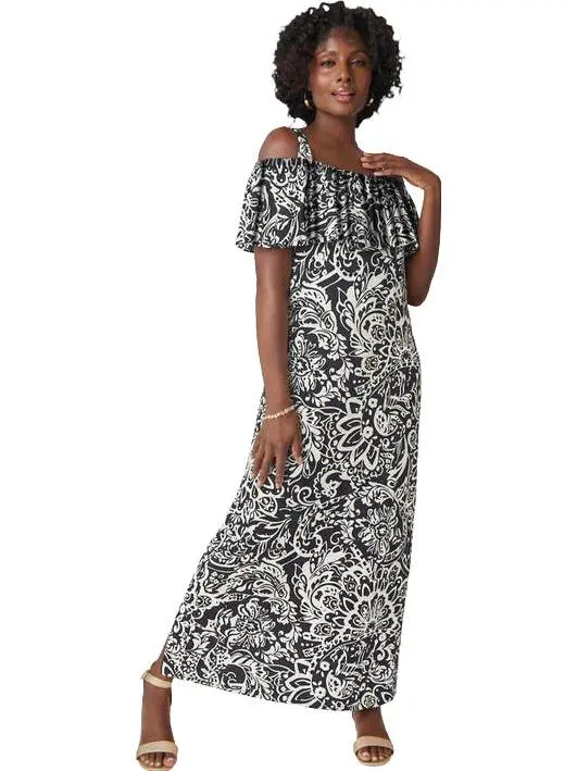 JESSICA LONDON Cold Shoulder A-line Maxi Dress - Navy Scroll Medallion