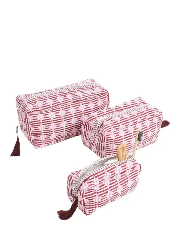 INNER CHILD Striped Circles Blockprint Makeup Bag Set Of 3 - Pink