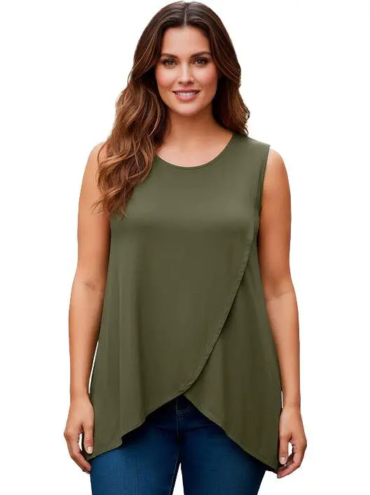 JESSICA LONDON Sleeveless Tulip Overlay Knit Tunic - Dark Olive Green