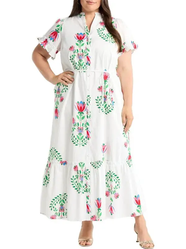 SUGARLIPS Floral Cotton Shirtdress - White-green-multi