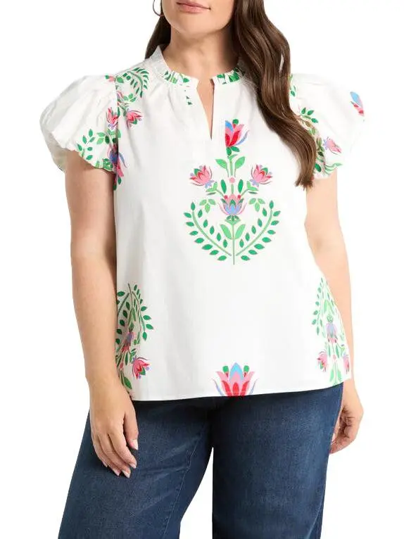 SUGARLIPS Keni Split Neck Floral Print Cotton Top - White-green-multi