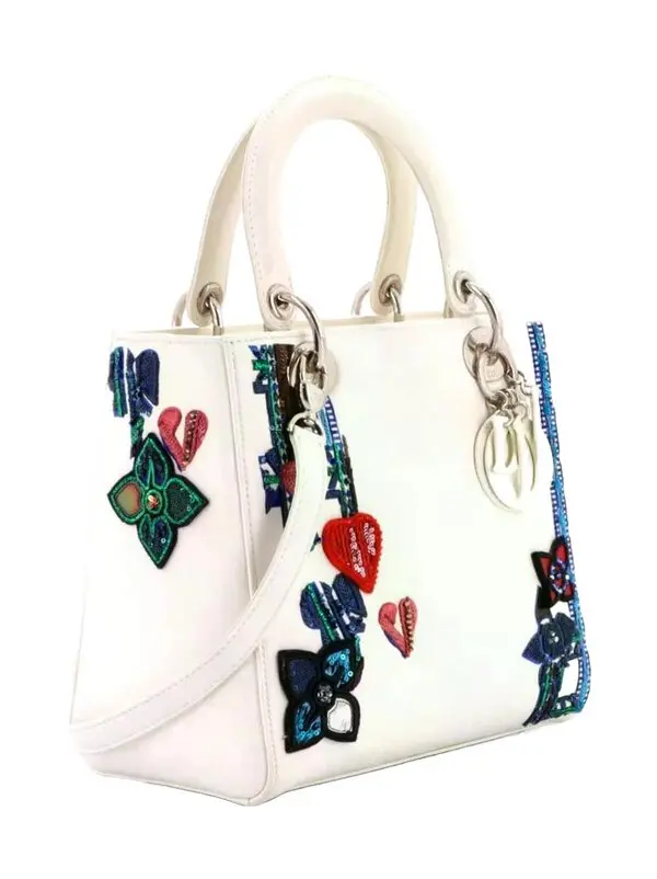 Dior Lady Patch Embellished Leather Medium Satchel - White