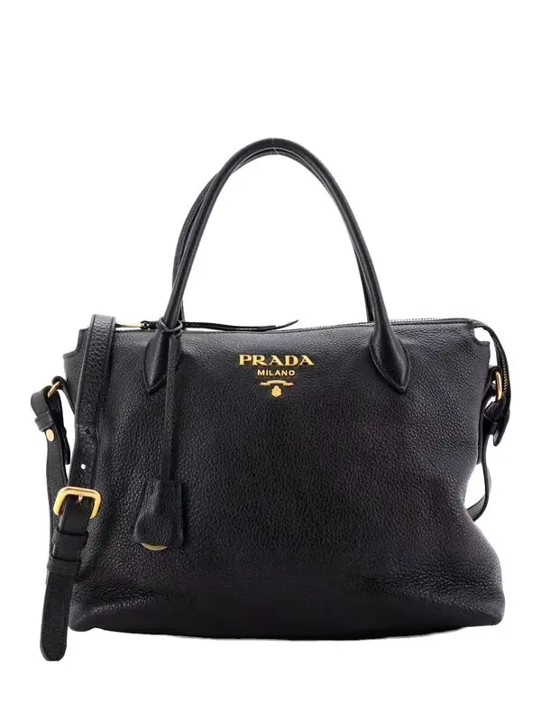 Prada Dual Strap Zip Tote Vitello Daino Medium Satchel - Black
