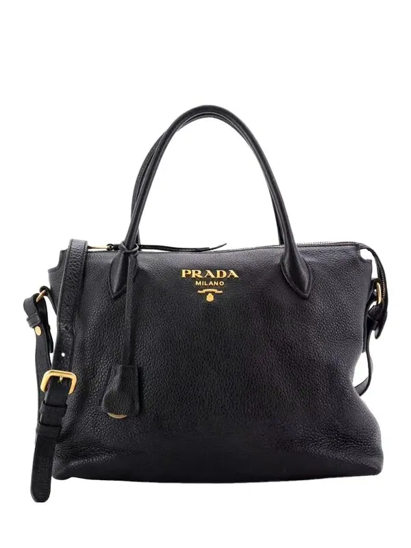 Prada Dual Strap Zip Tote Vitello Daino Medium Satchel - Black