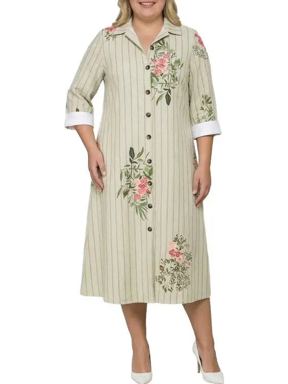 STANDARDS & PRACTICES Stripe & Floral Midi Shirtdress - Beige Floral