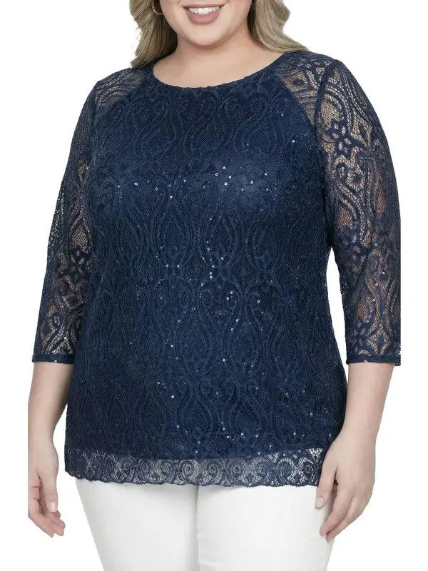 STANDARDS & PRACTICES Sequin Lace Tunic Top - Navy