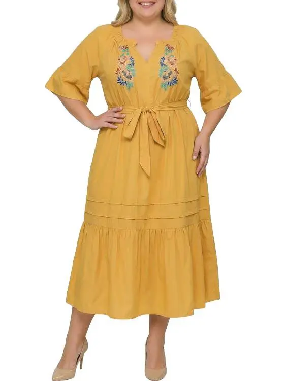 STANDARDS & PRACTICES Embroidered Boho Midi Dress - Mustard