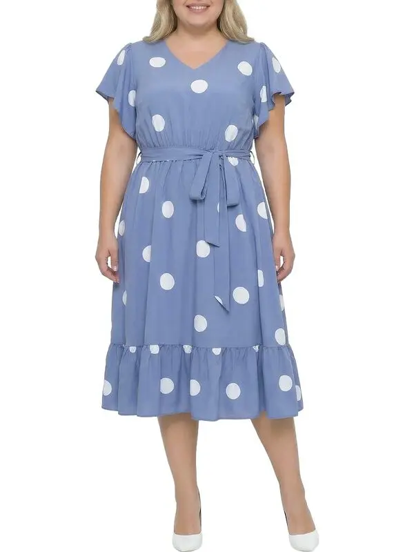 STANDARDS & PRACTICES Polka Dot Belted Midi Dress - Blue