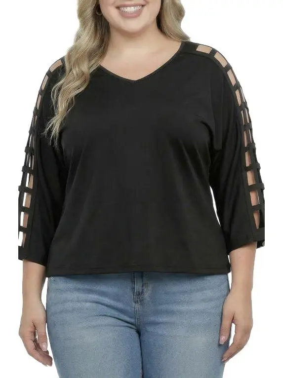 STANDARDS & PRACTICES Cutout Sleeve V-neck Top - Black