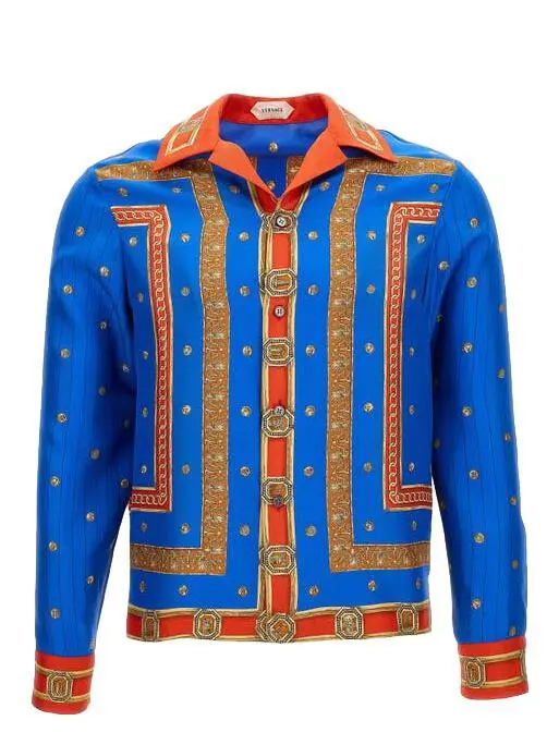 Versace Trompe L'oeil Print Silk Twill Bowling Shirt - Royal Blue Red Gold