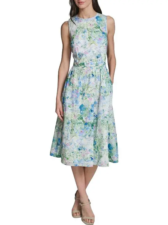 Karl Lagerfeld Paris Print Tie Back Midi Dress - Sky Blue Multi