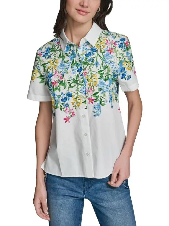 Karl Lagerfeld Paris Floral Print Poplin Shirt - Soft White Combo