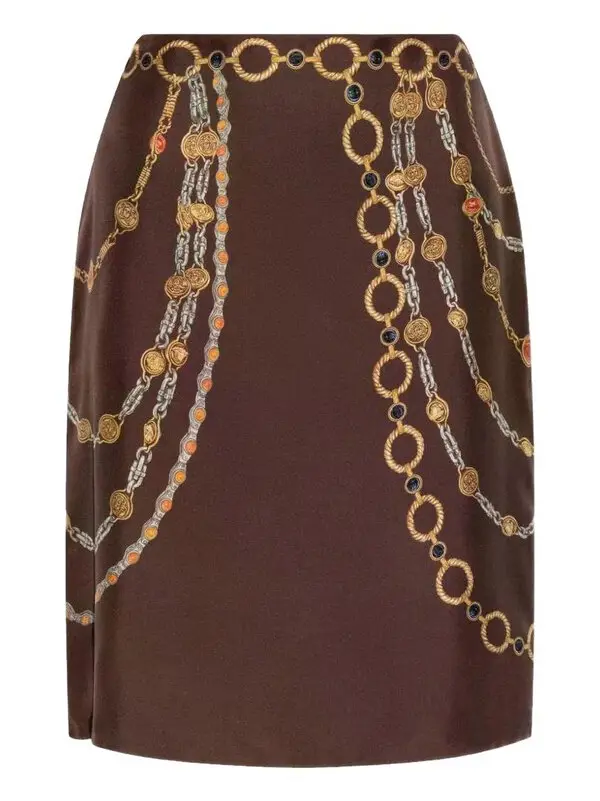 Versace Chain-print Silk Skirt - Brown