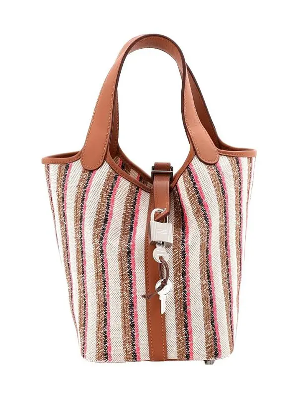 Hermès Pm Couverture Lignes Picotin Lock Bag Embroidered Canvas And Swift - Brown/ Brown/ Natural