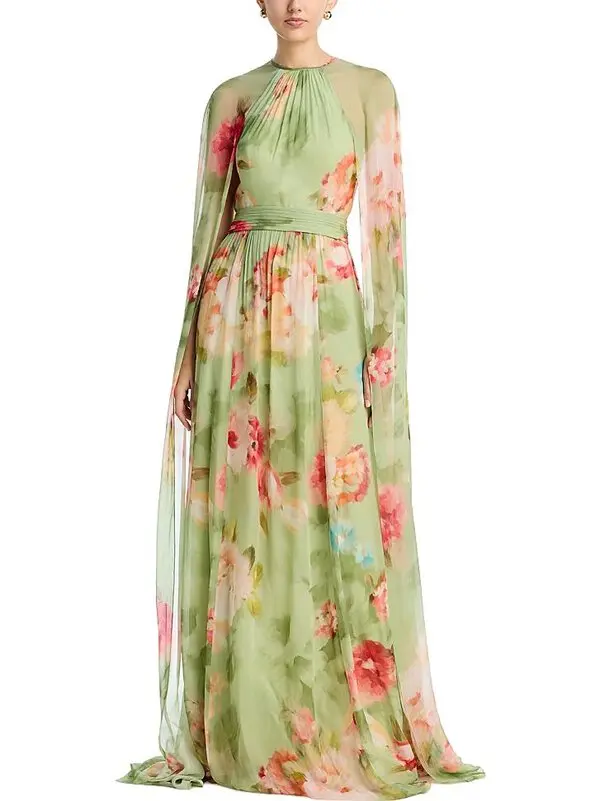 Rickie Freeman For Teri Jon Chiffon Floral Cape Gown - Cel Multi