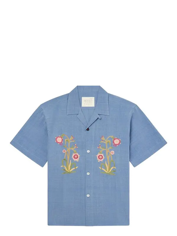 KARDO Ronen Convertible-collar Embroidered Cotton Shirt - Blue