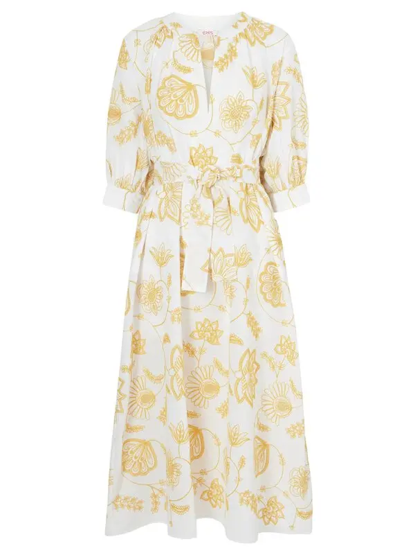 ERES Sari Anjana Belted Embroidered Cotton-blend Midi Dress - Yellow