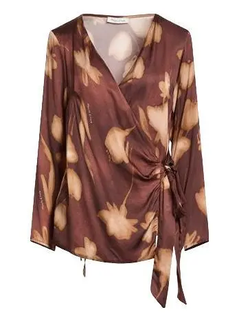 MANILA GRACE Floral-print Satin Wrap Top - Brown