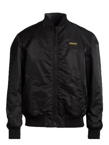 Versace Solid Bomber Jacket With Embroidered Logo - Black