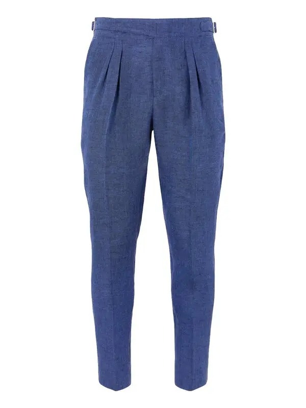 Mr P. Steve Tapered Pleated Herringbone Linen Trousers - Blue