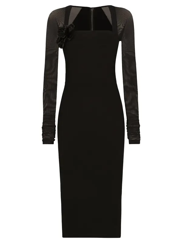 Dolce & Gabbana Jersey Calf-length Dress With Tulle Sleeves - Black