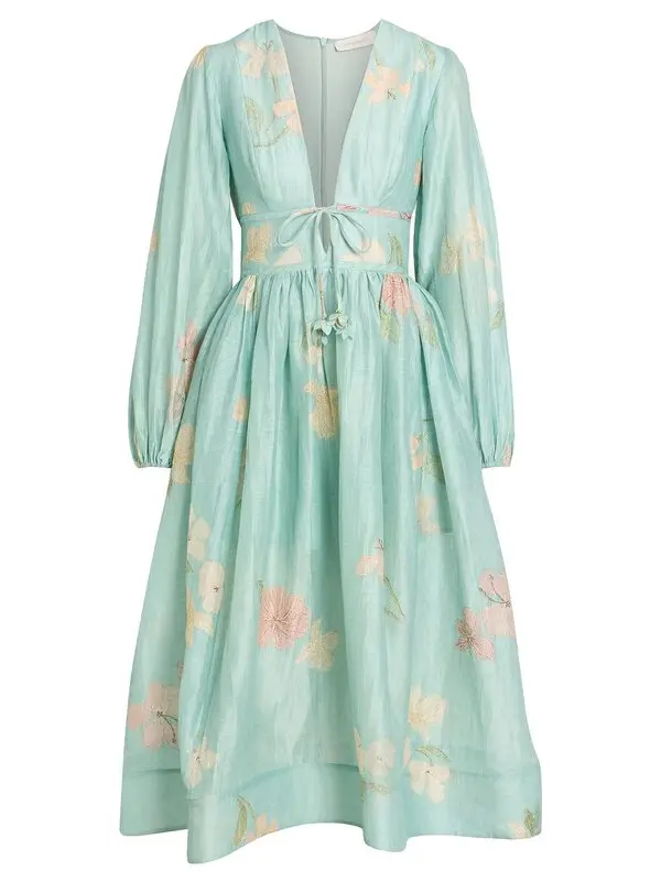Zimmermann Embroidered Floral-print Linen And Silk-blend Gauze Midi Dress - Mint
