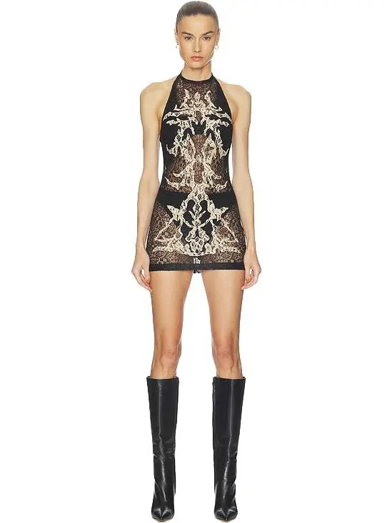 HAELO Feather Lace Mini Dress - Black,nude