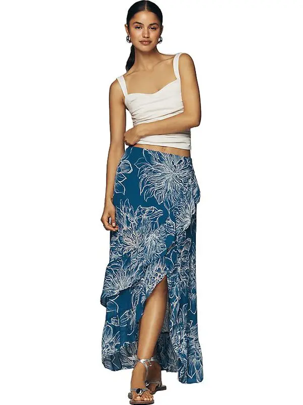 Anthropologie Ruffle Cascade Skirt - Blue Floral