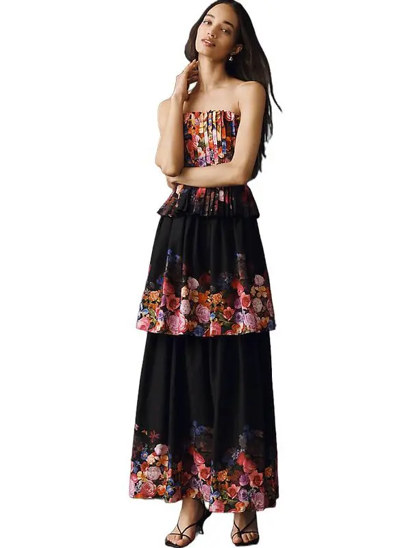 ELLIATT Alice Strapless Tiered Maxi Dress - Black Floral