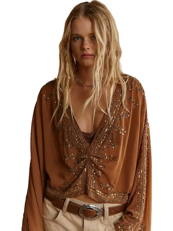 Free People Calla Embellished Cape Top - Sugar Almond Combo