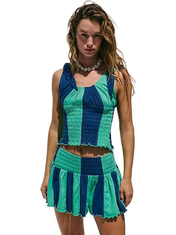 Free People Striped Smocked Short Set - Mint Poseidon Combo