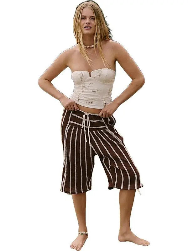 Free People Striped Slubby Cotton Shorts - Chocolate Combo