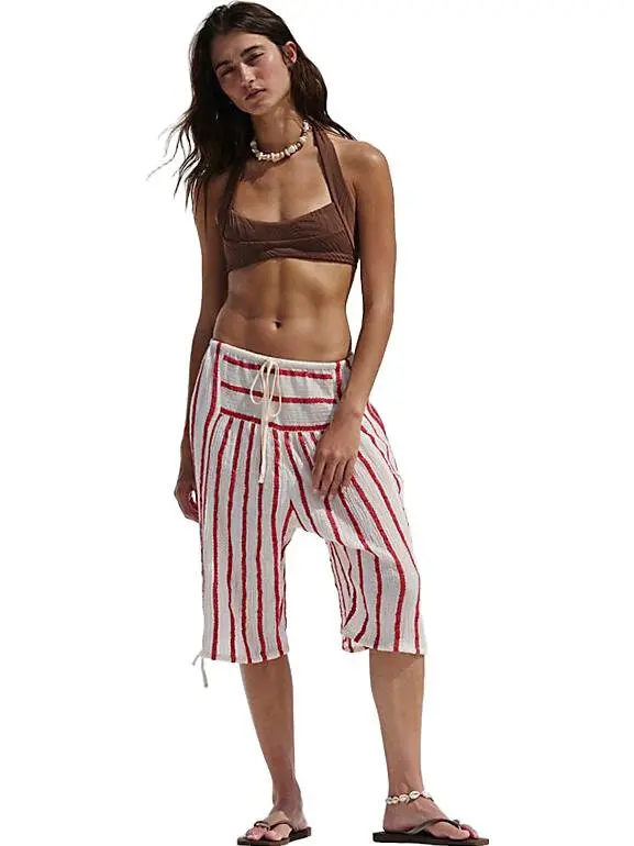 Free People Striped Slubby Cotton Shorts - Ivory Red Combo