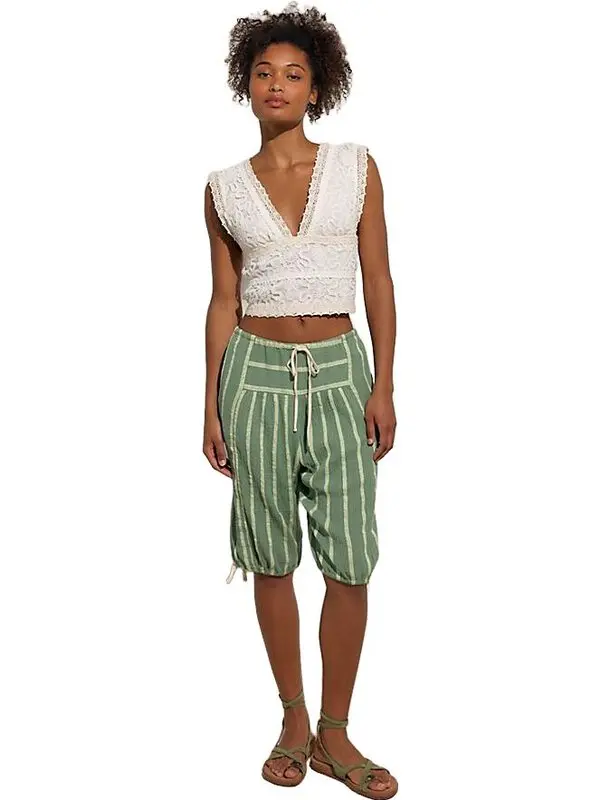 Free People Striped Slubby Cotton Shorts - Sage Combo