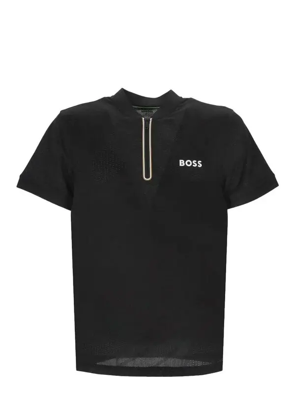 BOSS Perforated Zip-up Polo Shirt - Black