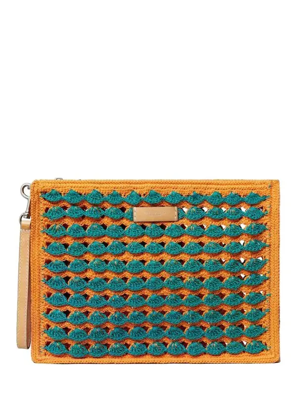 Tory Burch Hand-crocheted Pouch With Leather Trim - Orange