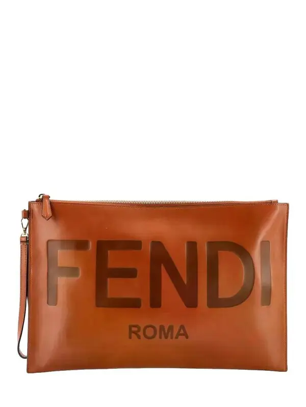 Fendi Logo Embossed Leather Wristlet Pouch - Brown