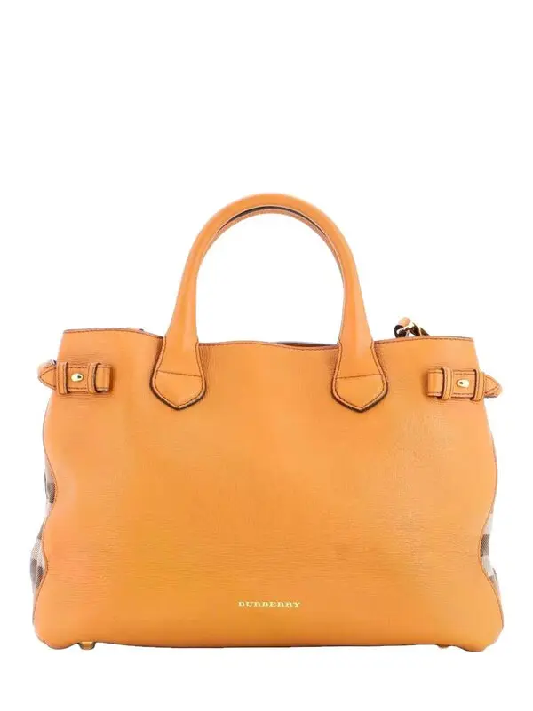 Burberry Banner Tote Leather And House Check Canvas Satchel - Orange