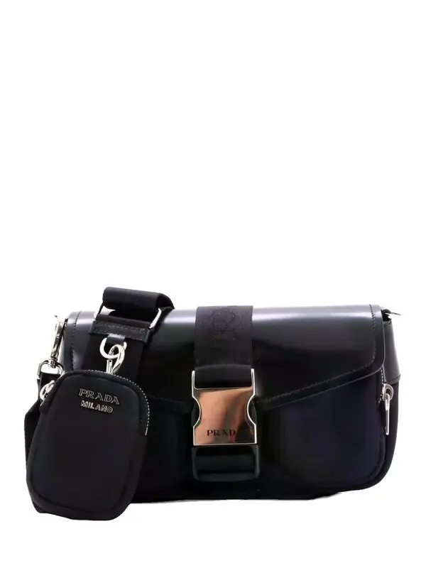 Prada Buckle Pocket Spazzolato Leather And Tessuto Crossbody Bag - Black