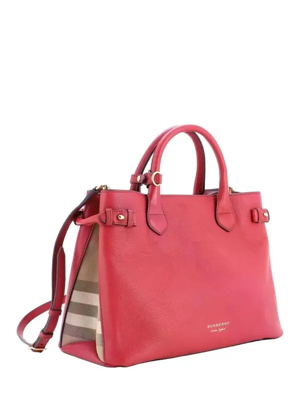 Burberry Banner Tote Leather And House Check Canvas Satchel - Red