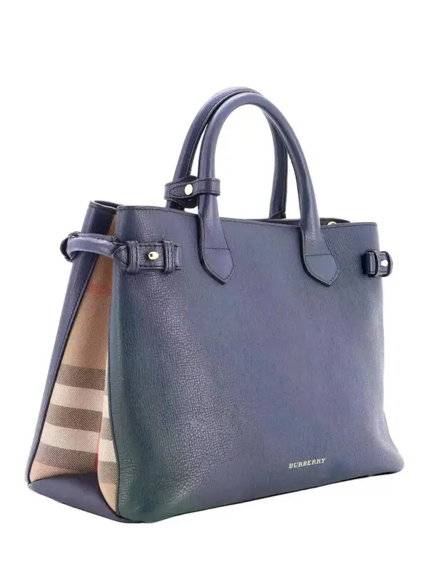 Burberry Banner Tote Leather And House Check Canvas Medium Satchel - Blue