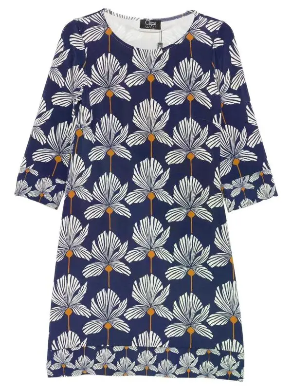CLIPS Floral-print Three-quarter Sleeve Shift Dress - Blue