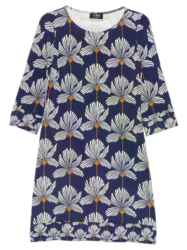 CLIPS Floral-print Three-quarter Sleeve Shift Dress - Blue