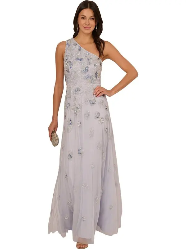 Adrianna Papell One-shoulder Beaded Mesh Gown - Serenity