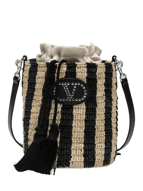 Valentino Garavani Small Striped Raffia Bucket Bag - Beige