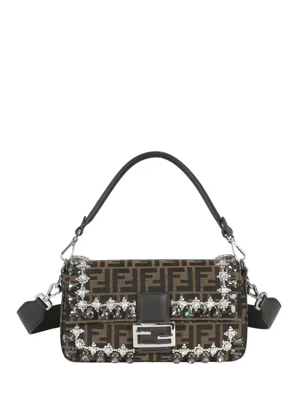 Fendi Ff Jacquard Strass Crystal Embellished Baguette Bag - Brown