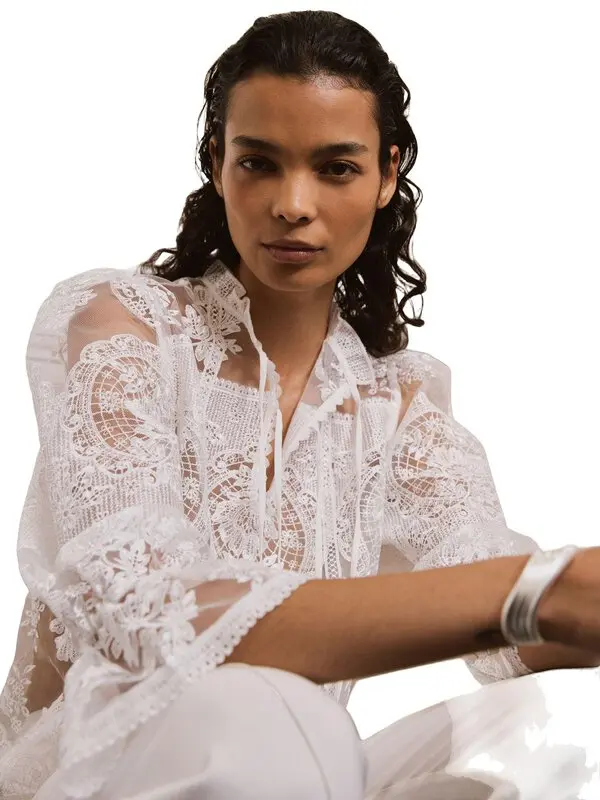 REISS Sheer Lace Tie-neck Blouse - Ivory